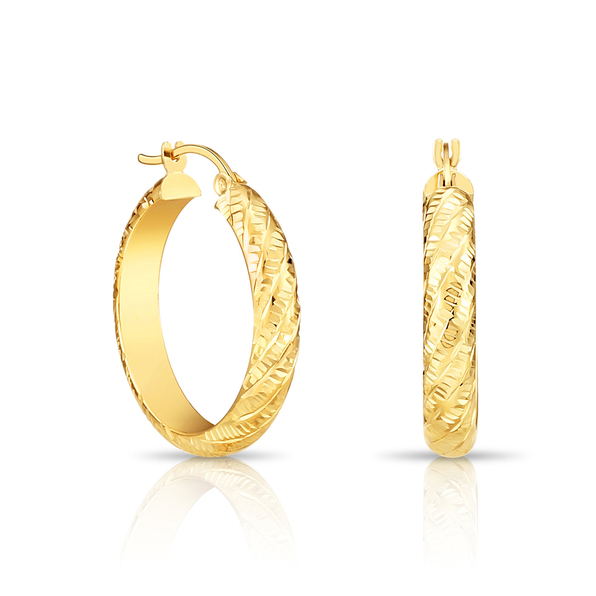 14K Gold Tornado Style Diamond Cut Hoop Earring, Flat Bar — NY Gold ...