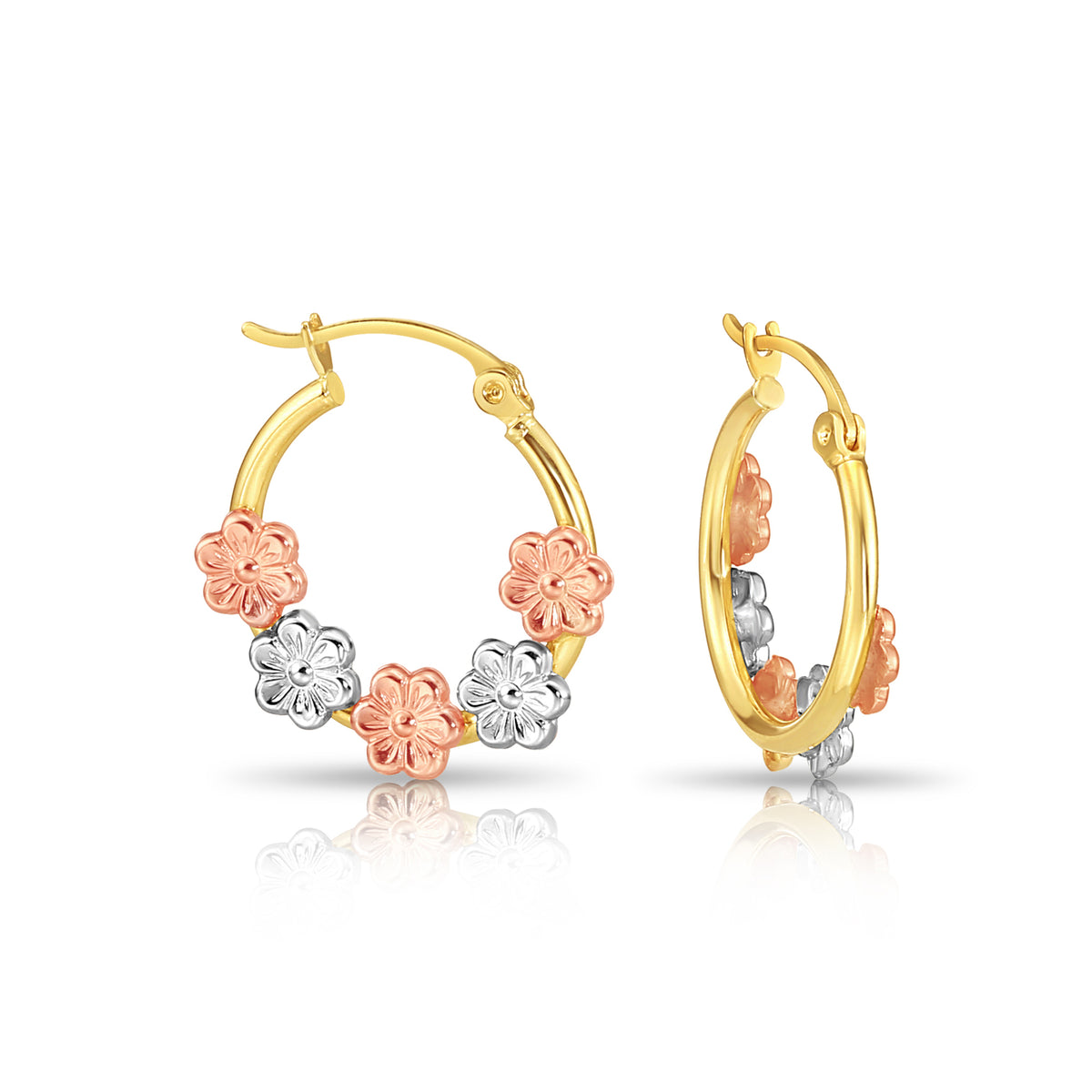 14K Gold Tri-Color Flower Style Hoop — NY Gold & Silver Trading Inc.